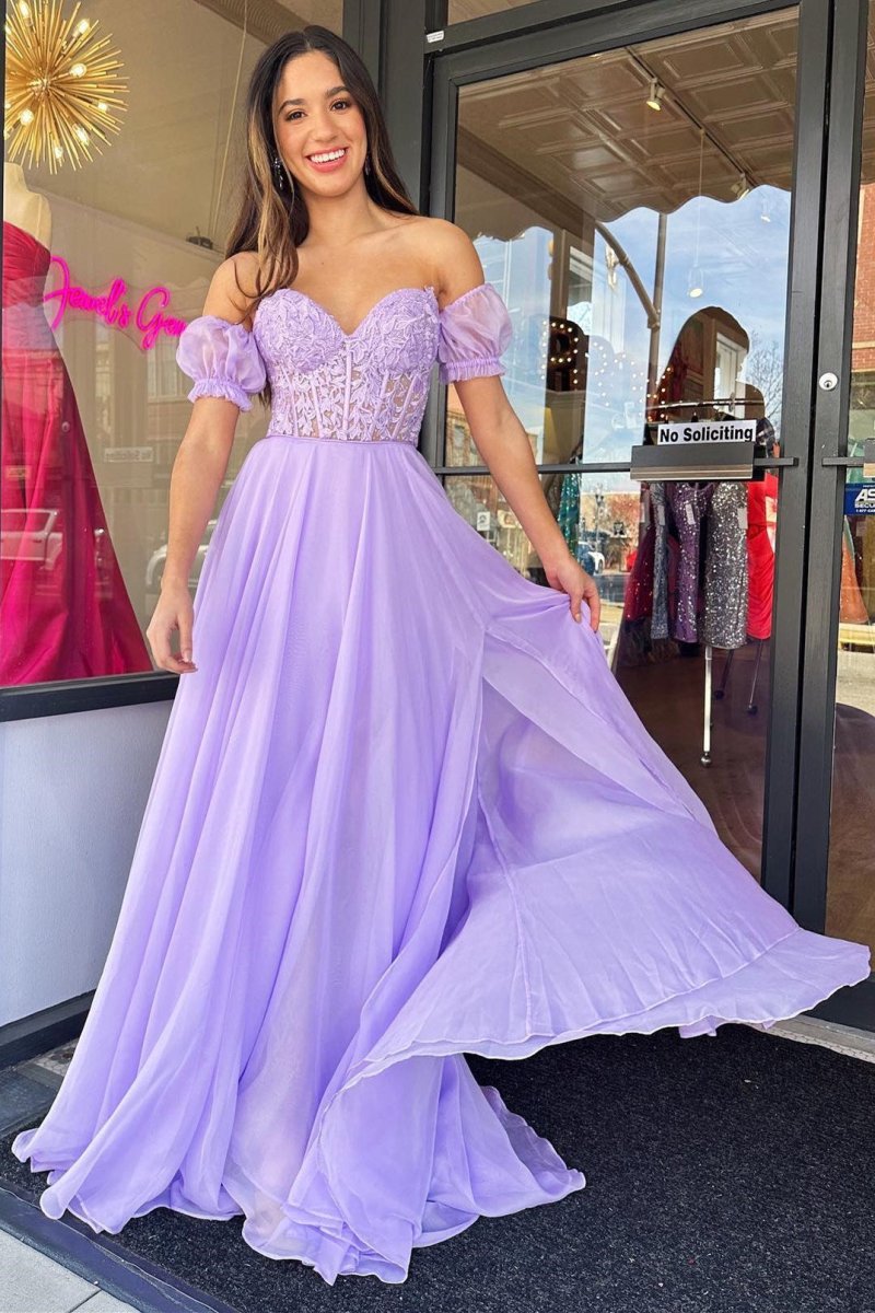 A line Sweetheart Chiffon Prom Dress with Puff Sleeves – lady moser