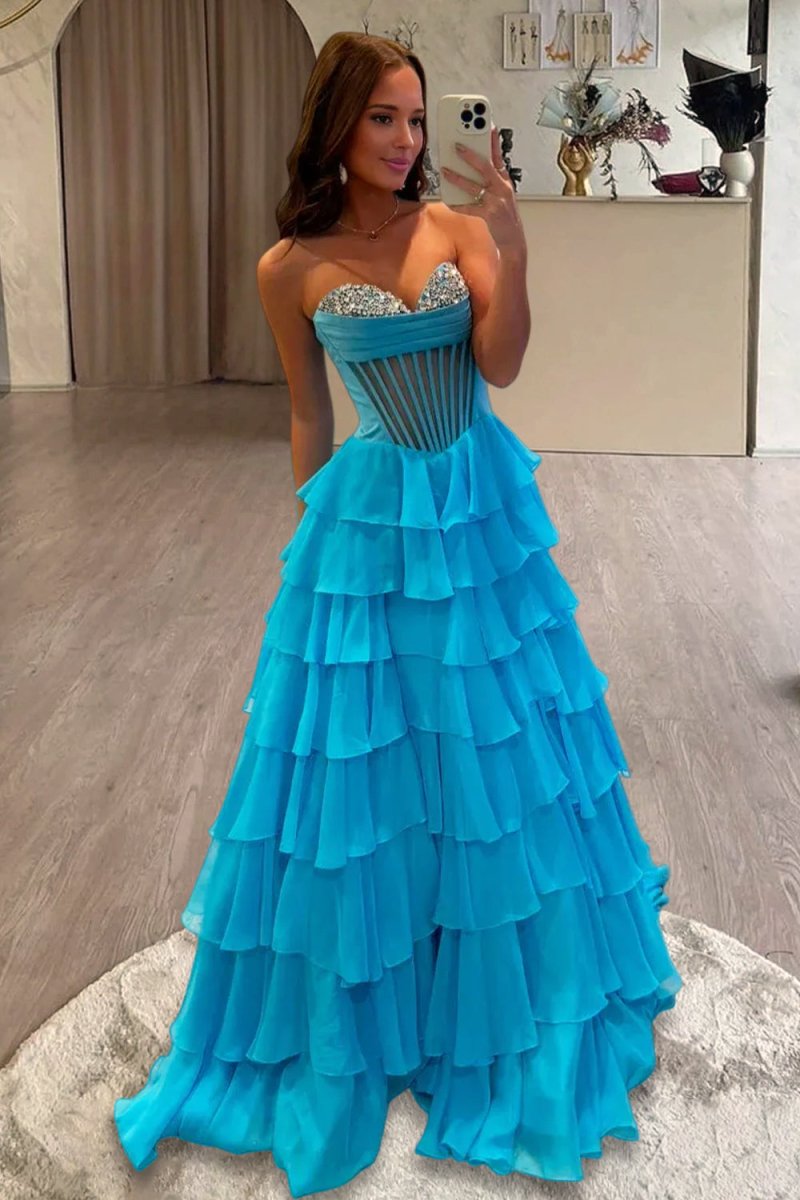 Azure - Strapless A Line Chiffon Ruffled Formal Prom Dresses With Bead ...